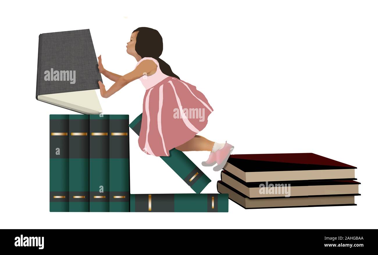 A young girl is seen climbing on a stack of books in an illustration ...