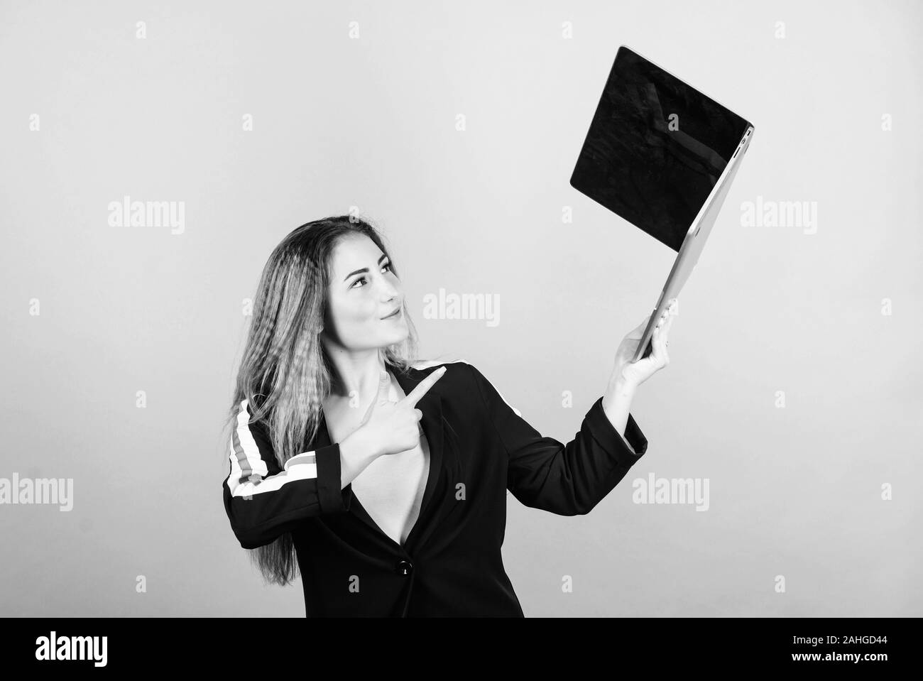 Girl with laptop computer. Software developer. Developer write code ...