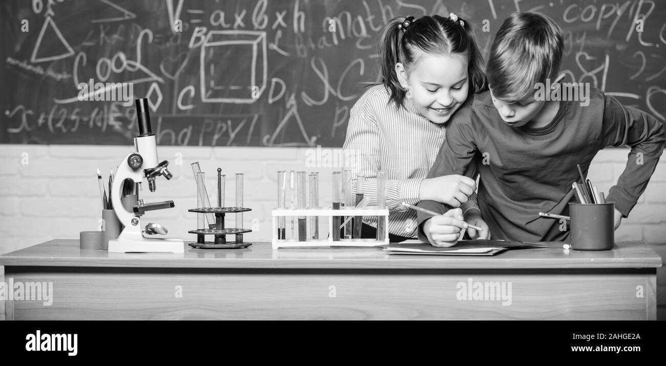 Chemistry equipment. Happy children. Chemistry lesson. Chemistry ...
