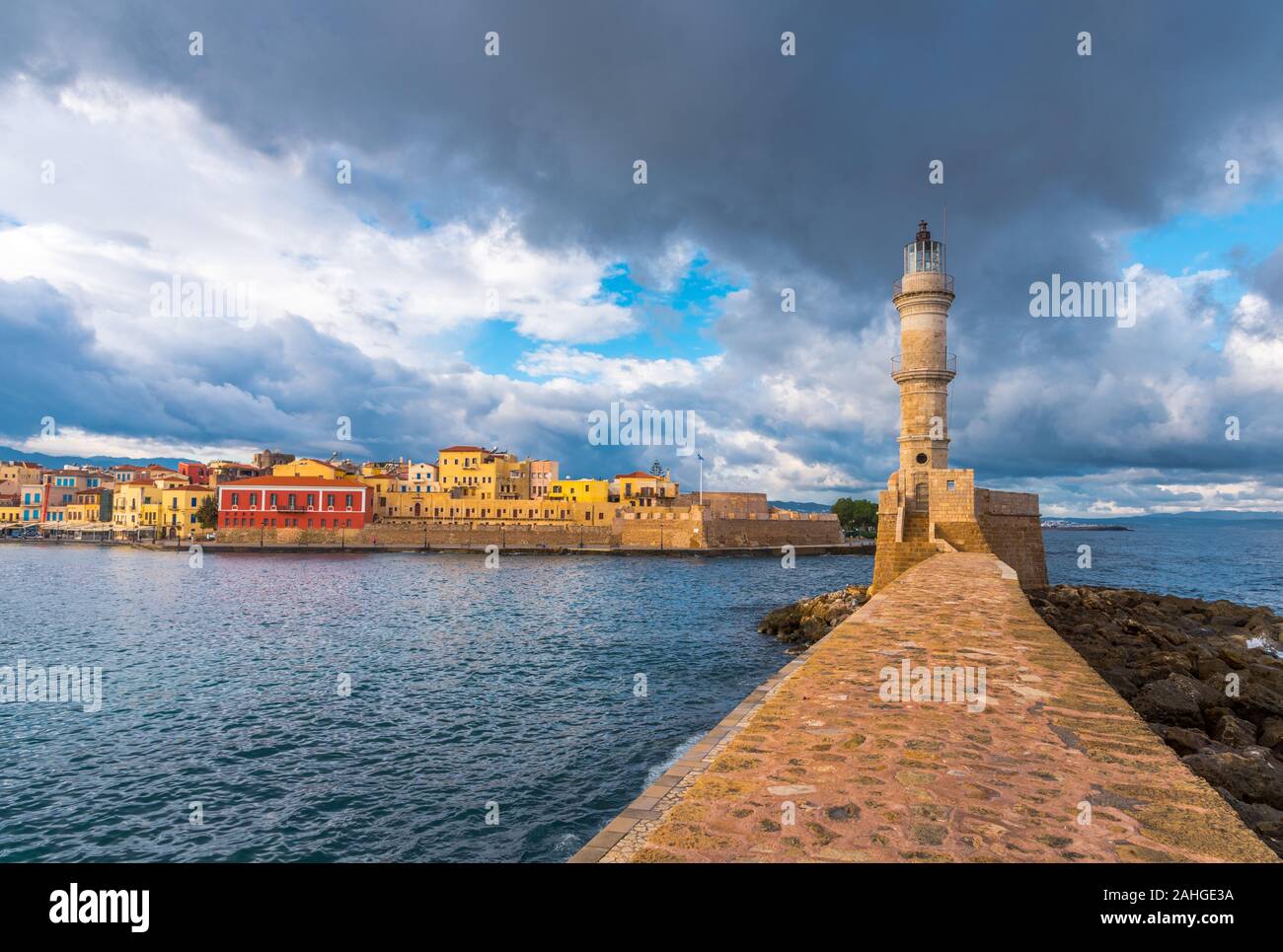 Panorama of the beautiful old harbor of Chania with the amazing ...