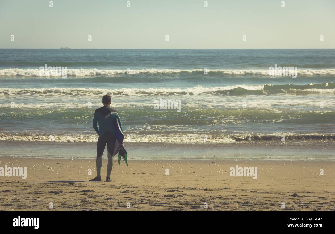 Back of surfer on wet suit with body board and fins on hand standing on ...