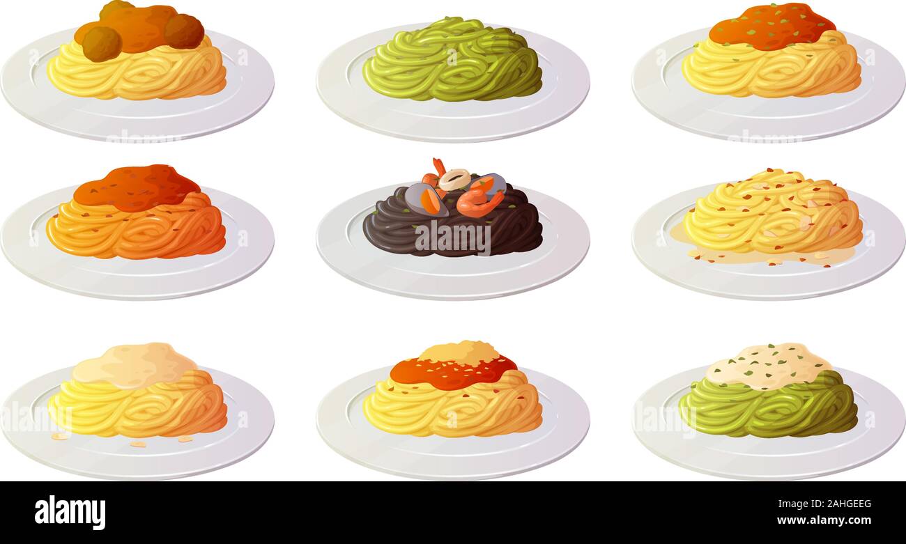 Vector illustration of various kinds of Italian pasta spaghetti dishes ...