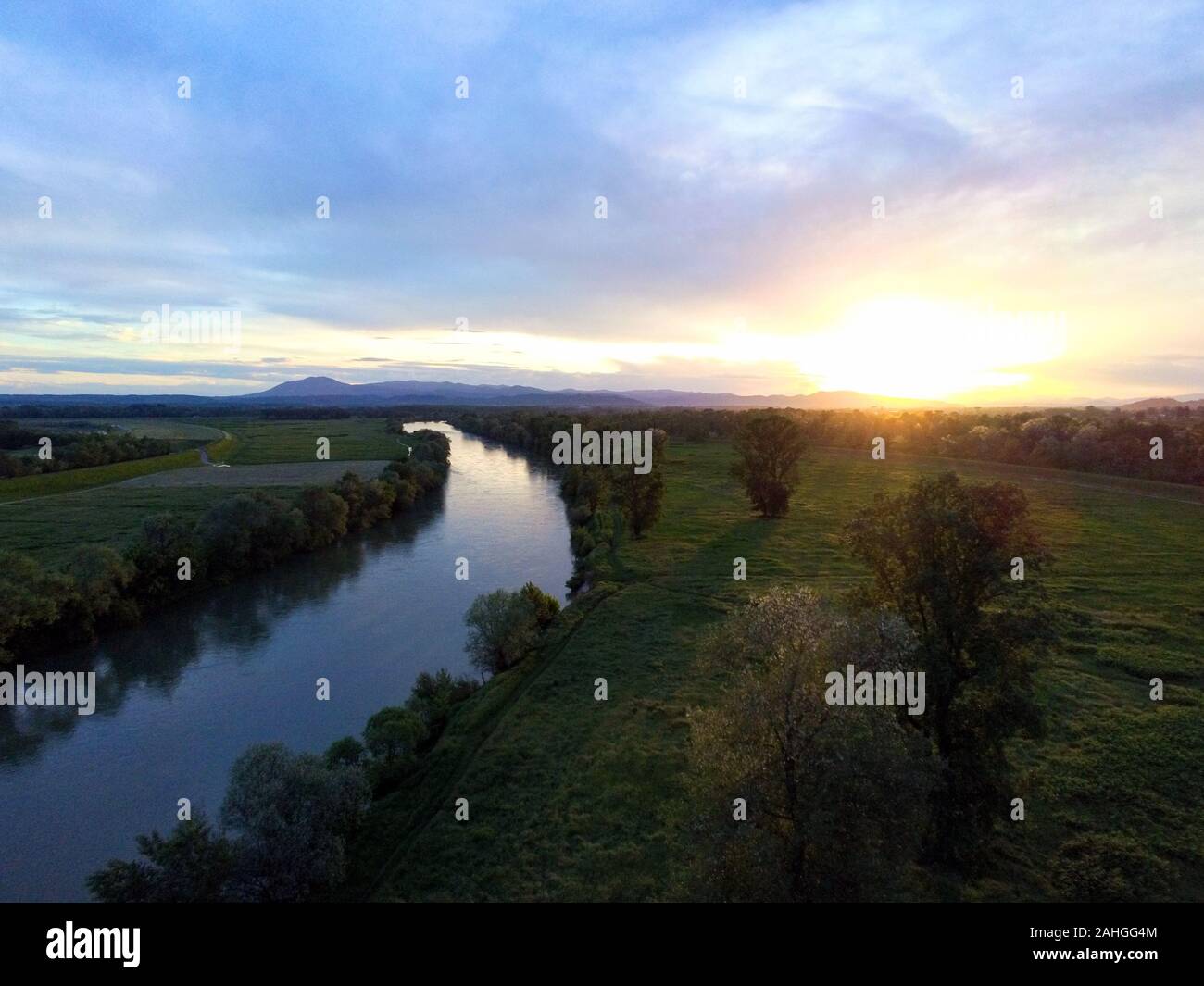 Amazing sunset above Sava river on the outskirts of Zagreb city ...