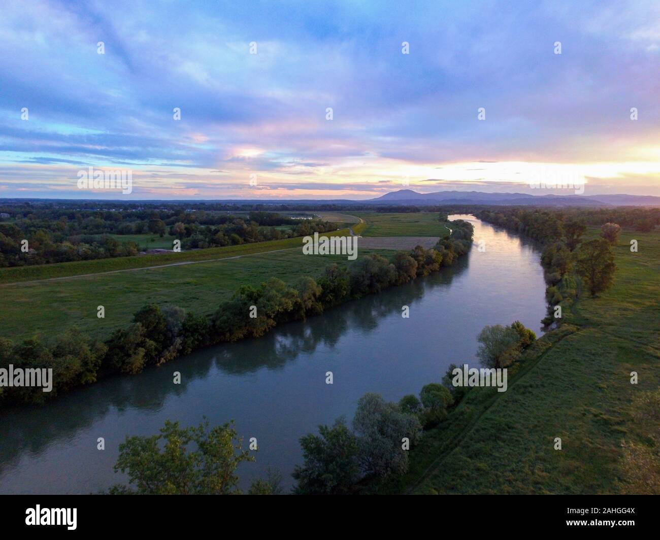 Amazing sunset above Sava river on the outskirts of Zagreb city ...
