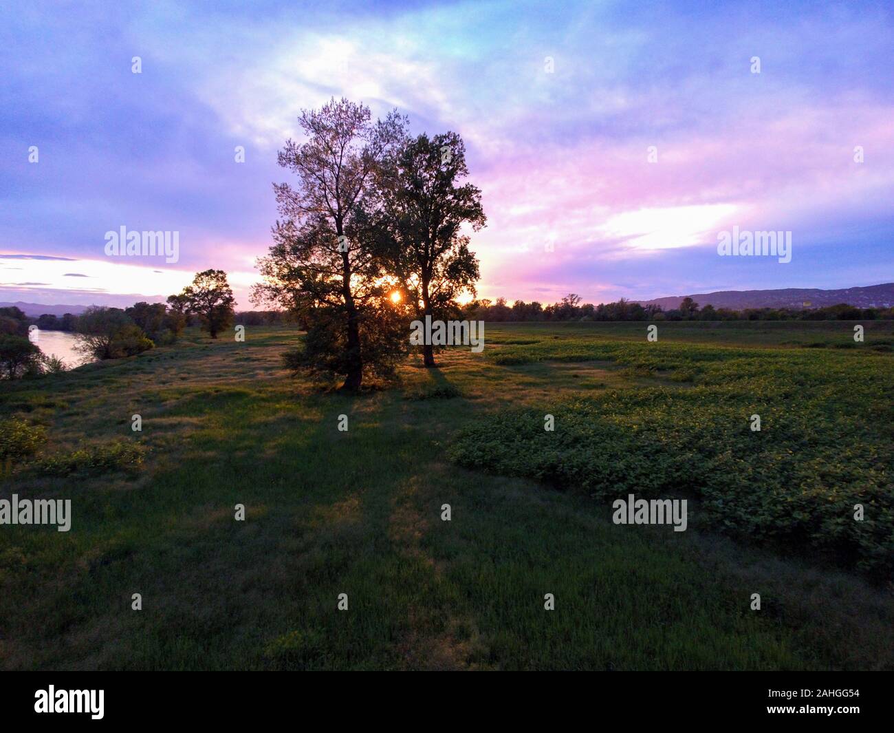 Amazing sunset above Sava river on the outskirts of Zagreb city ...