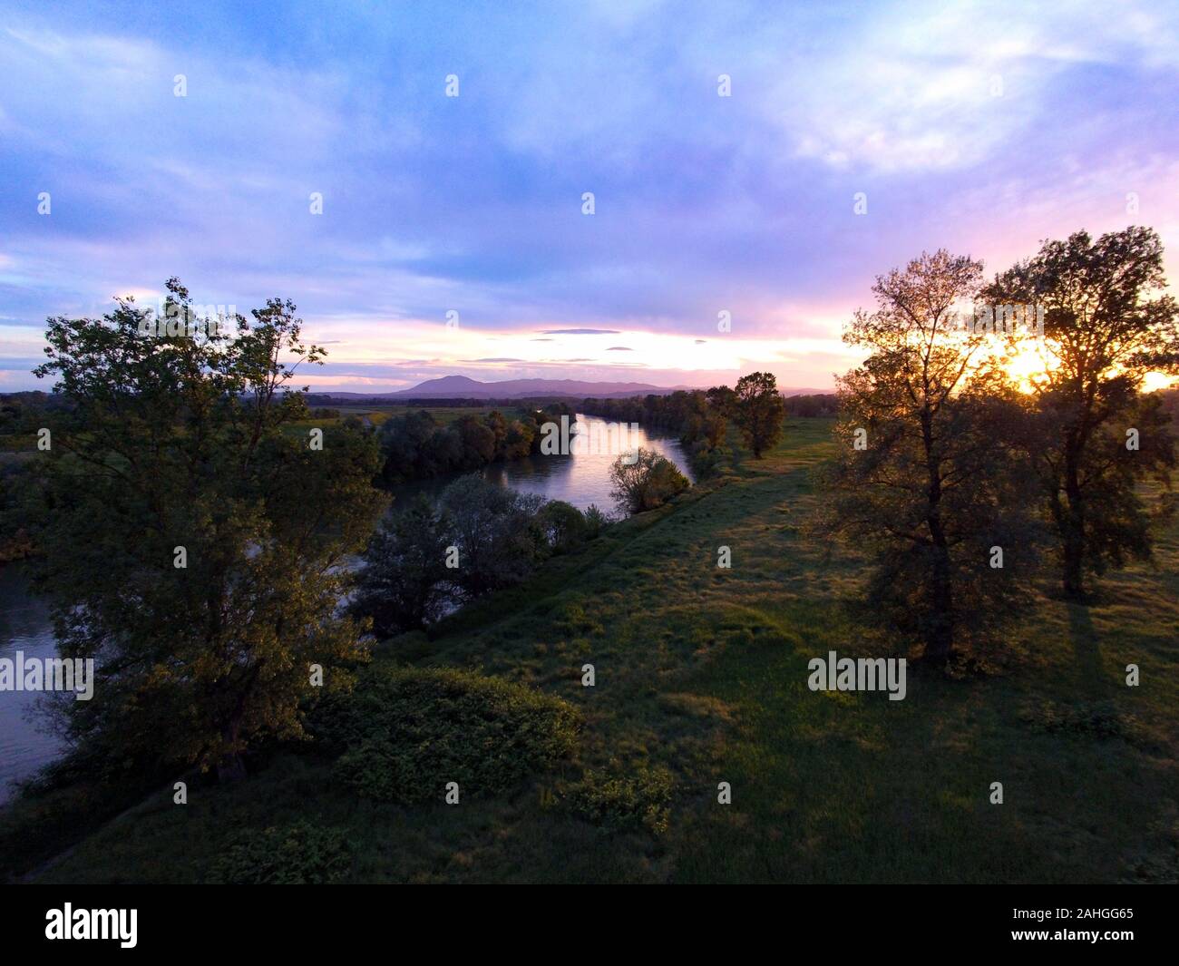 Amazing sunset above Sava river on the outskirts of Zagreb city ...