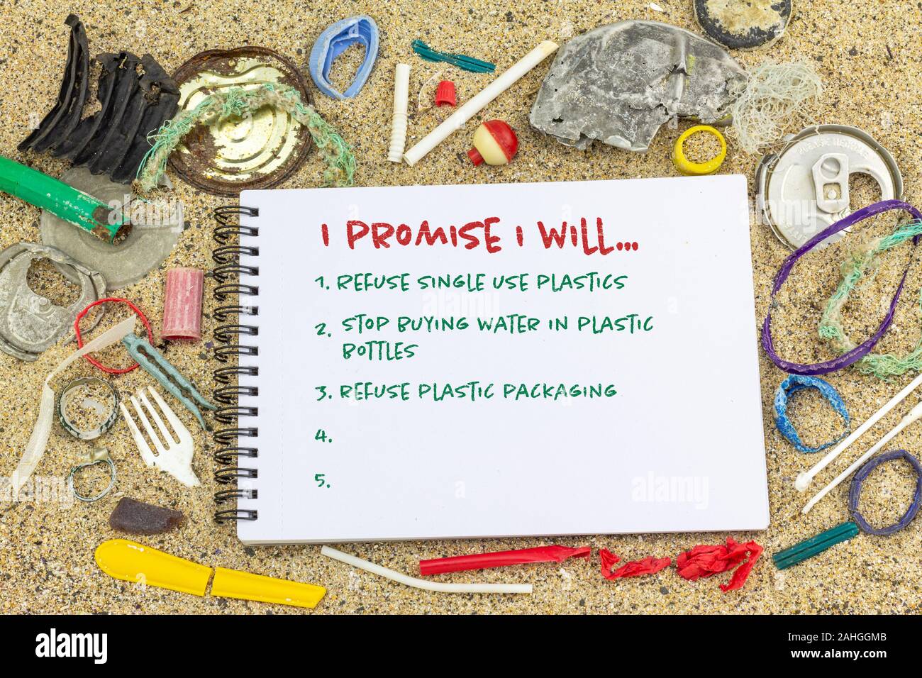 Top view of handwritten note, promising to reduce use of single use ...