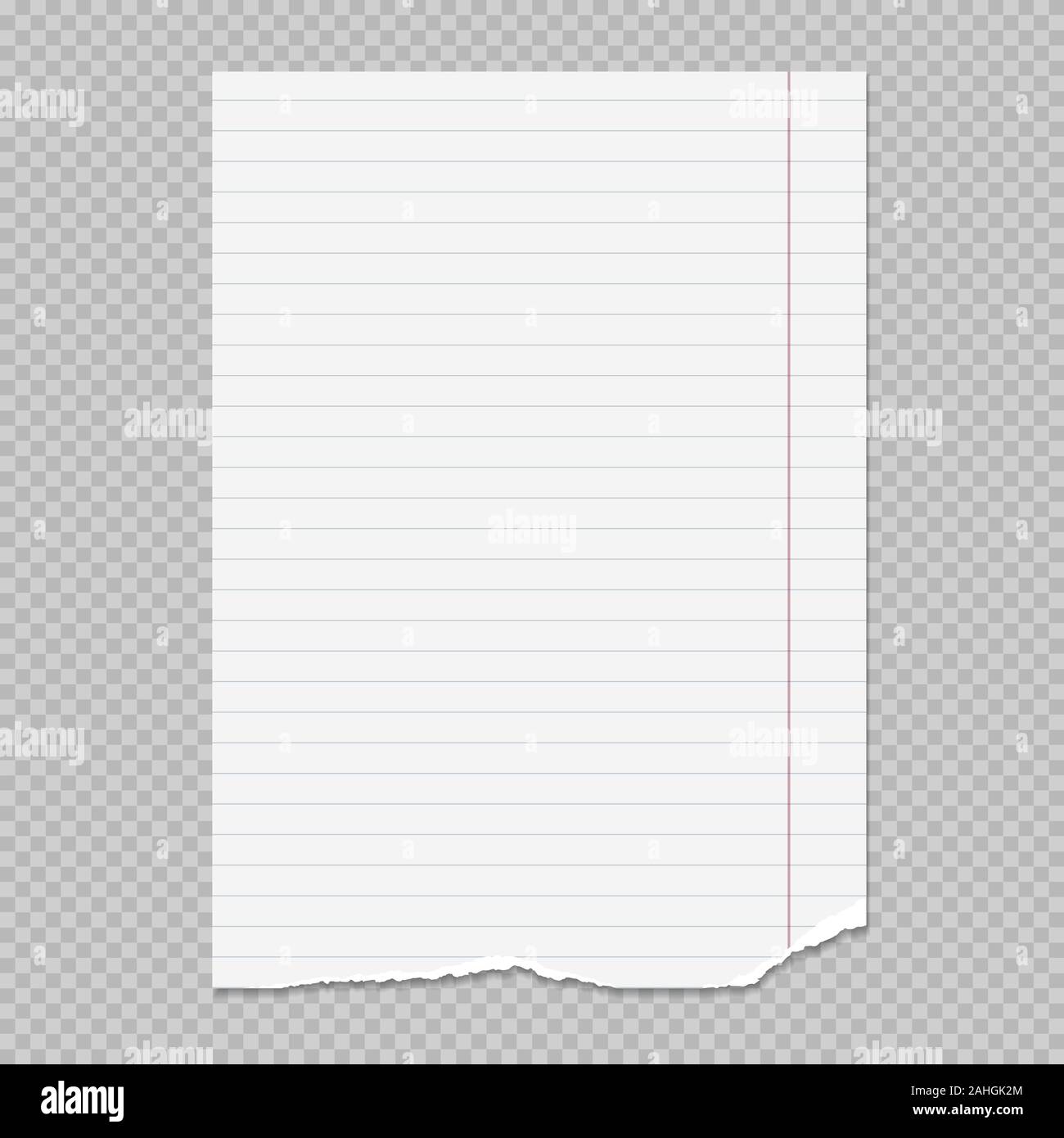 Torn white note, notebook paper sheet stuck on squared grey background ...