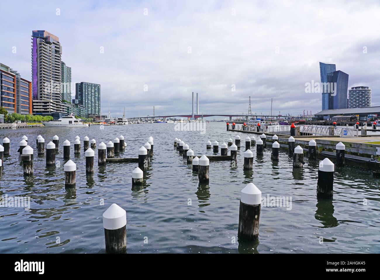 MELBOURNE, AUSTRALIA -15 JUL 2019- View of modern waterfront buildings ...