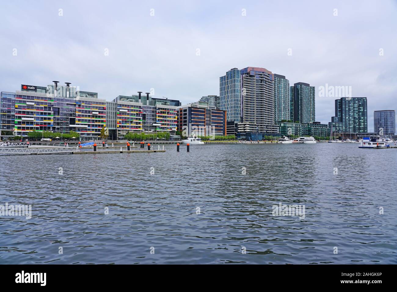 MELBOURNE, AUSTRALIA -15 JUL 2019- View of modern waterfront buildings ...
