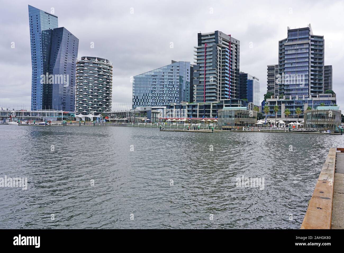 MELBOURNE, AUSTRALIA -15 JUL 2019- View of modern waterfront buildings ...