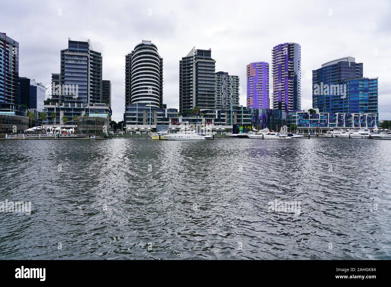 MELBOURNE, AUSTRALIA -15 JUL 2019- View of modern waterfront buildings ...