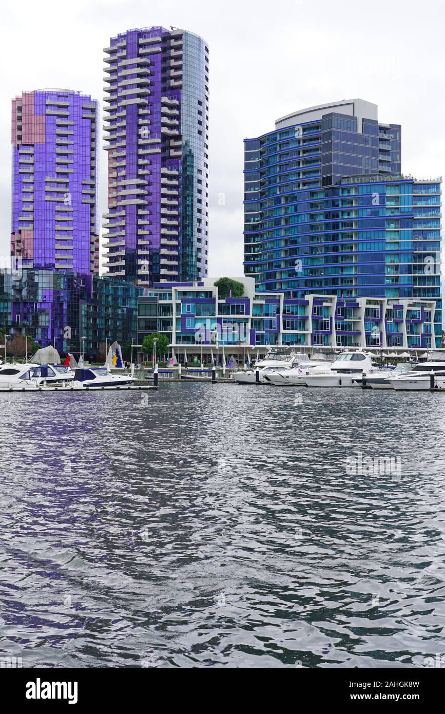 MELBOURNE, AUSTRALIA -15 JUL 2019- View of modern waterfront buildings ...