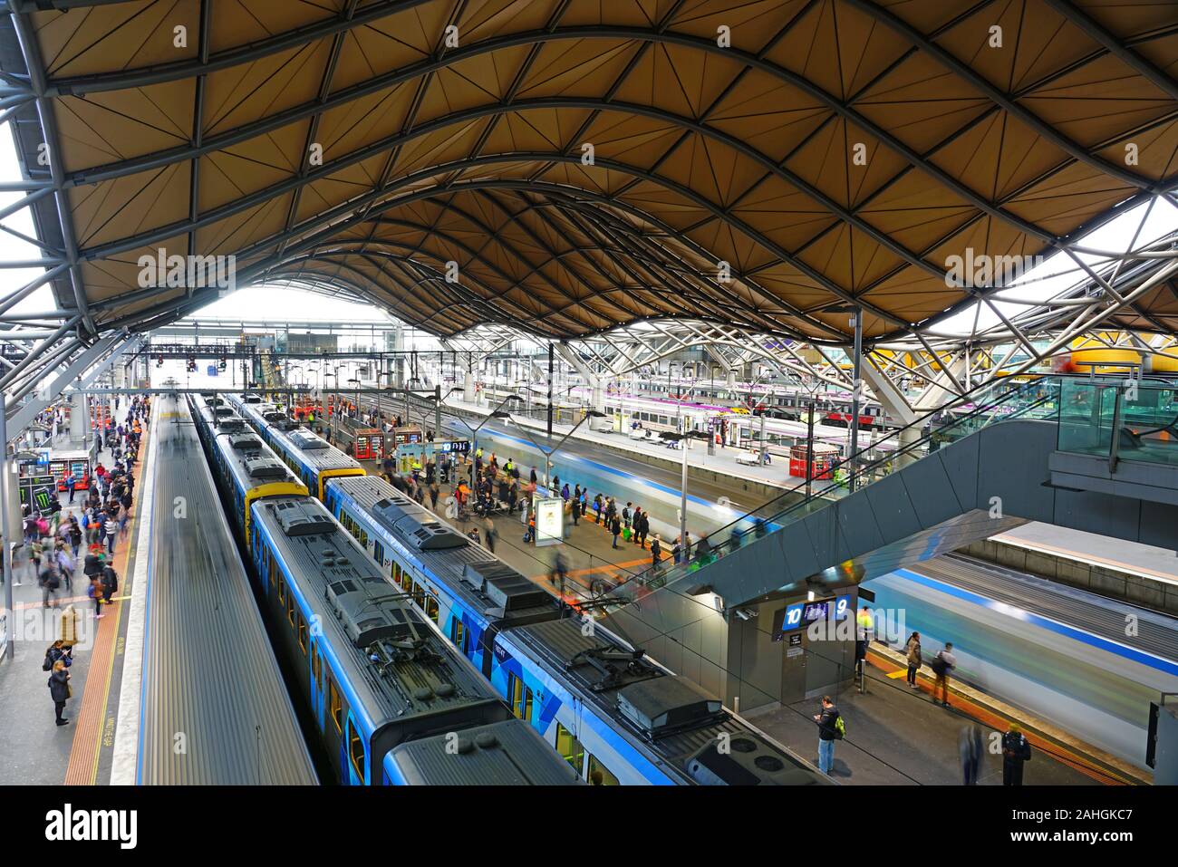 MELBOURNE, AUSTRALIA -16 JUL 2019- View of trains at the Southern Cross ...