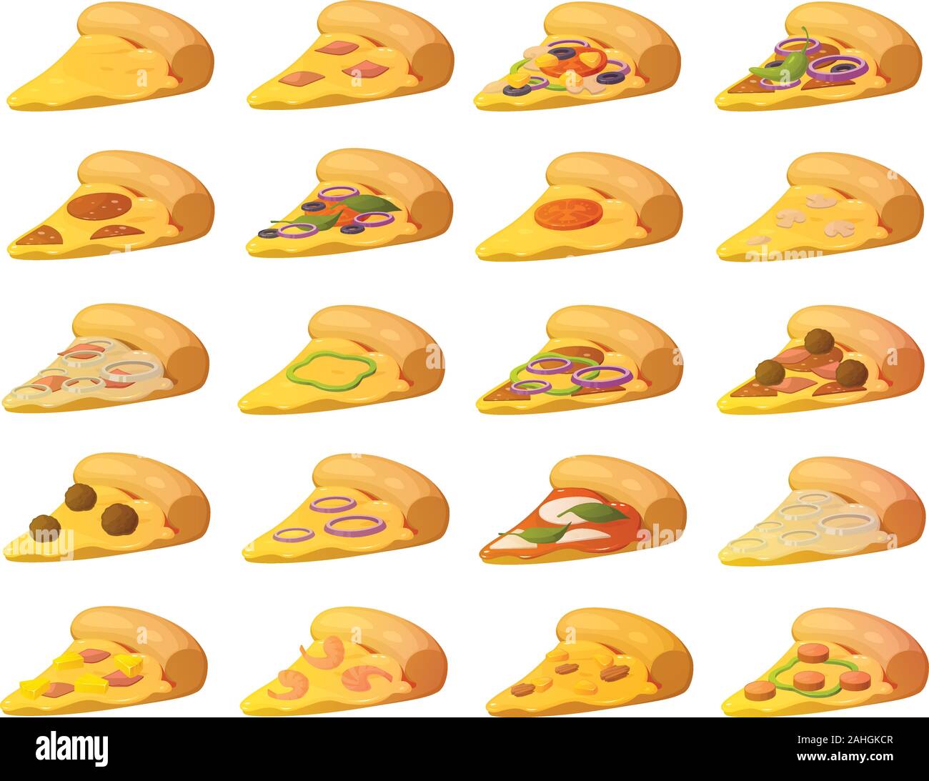 Vector illustration of various kinds of pizza with different toppings ...