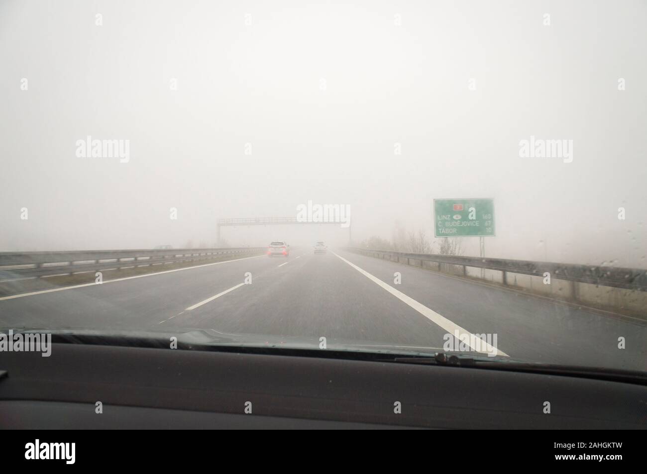 thick, heavy, dense fog, winter, European route E55, D3 motorway, toll ...