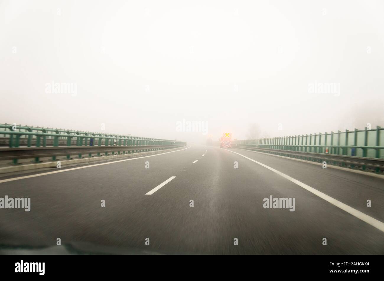 thick, heavy, dense fog, winter, European route E55, D3 motorway, road ...