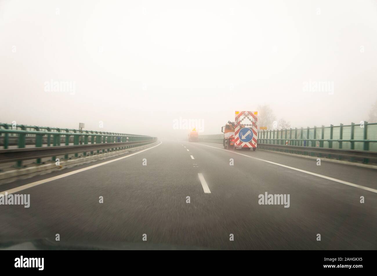thick, heavy, dense fog, winter, European route E55, D3 motorway, road ...