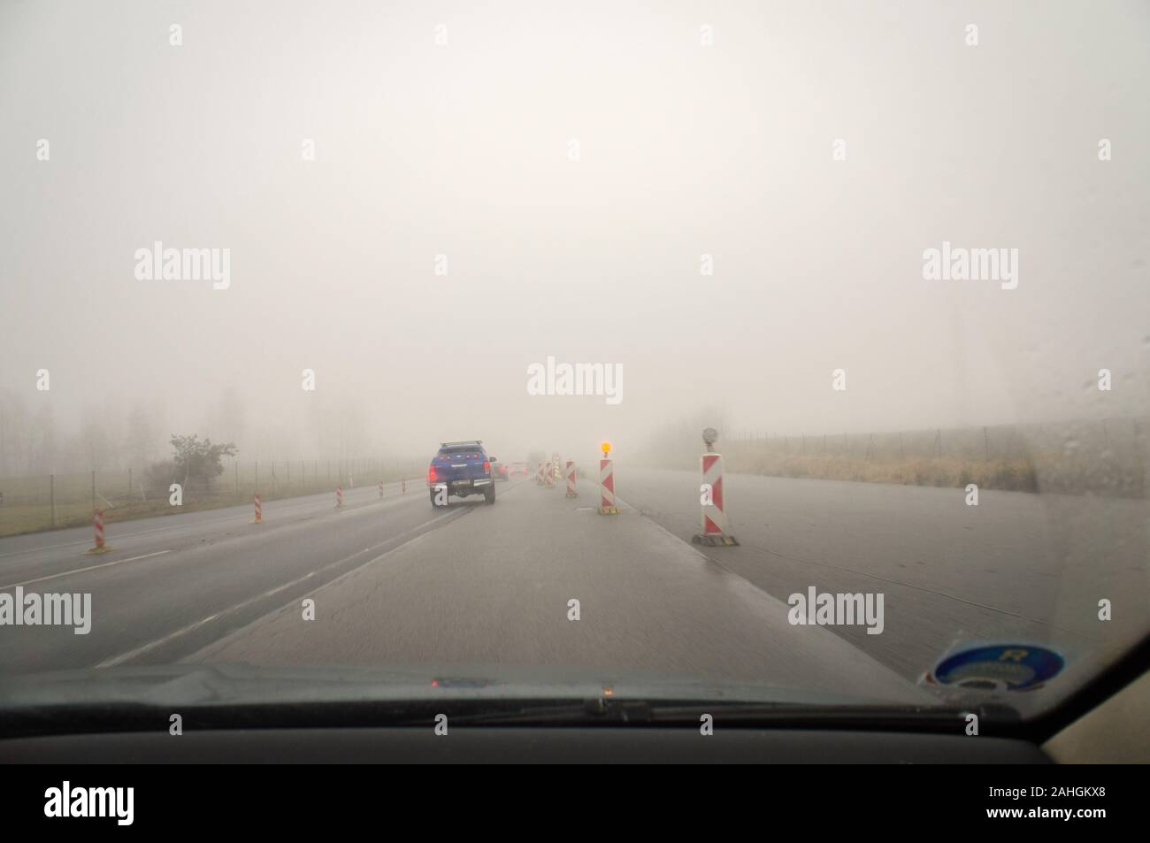 thick, heavy, dense fog, winter, European route E55, D3 motorway, South ...
