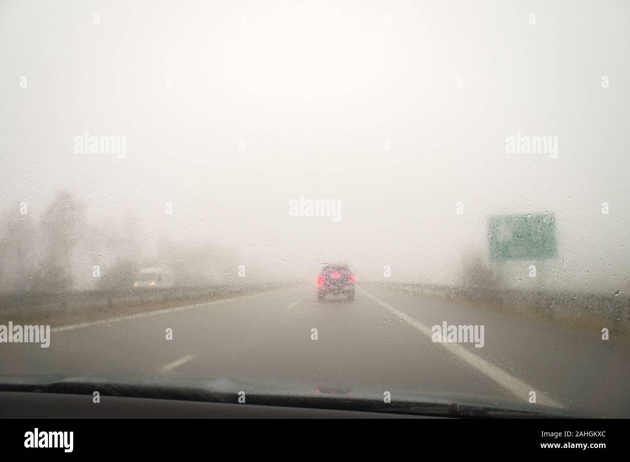 thick, heavy, dense fog, winter, European route E55, D3 motorway, South ...