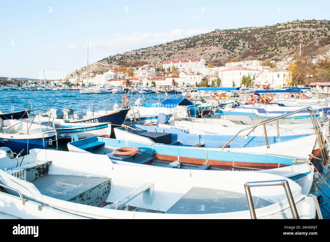 Balaklava, Crimea -November, 6, 2019. Many boats in tiny harbor of ...