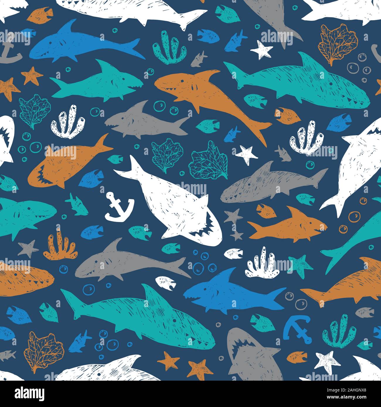 Vector dark blue colourful cute shark pen sketch repeat pattern ...