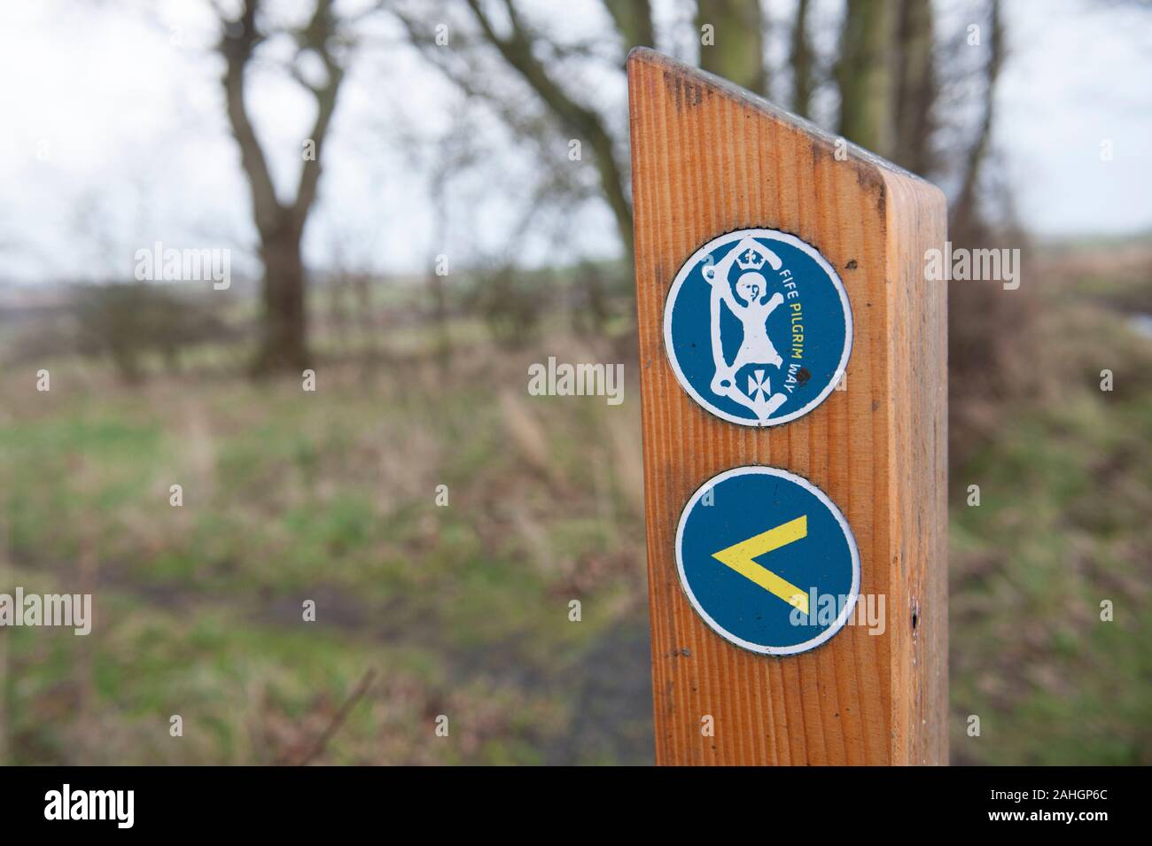 Waymarker on the Fife Pilgrim Way between Ceres and St Andrews in Fife ...