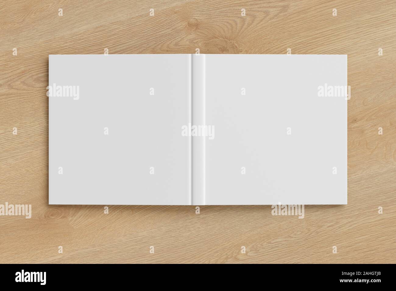 Blank white square open and upside down book cover on wooden background ...