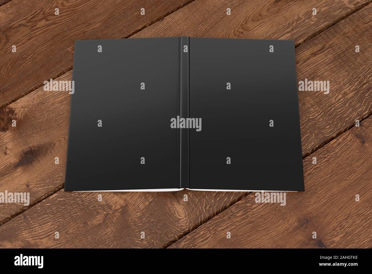 Blank black vertical open and upside down book cover on wooden boards ...