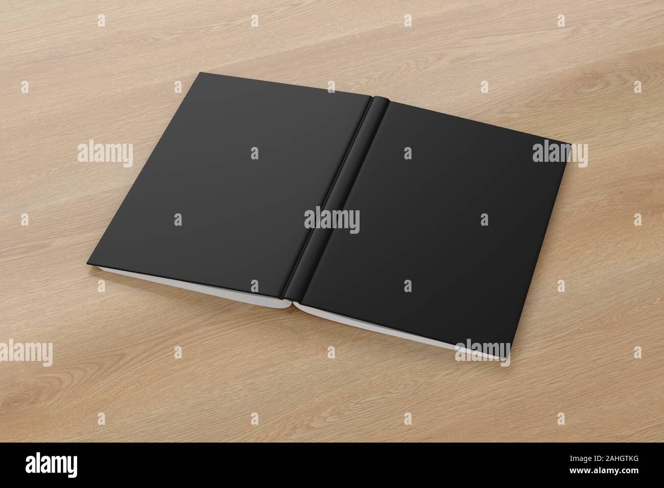 Blank black vertical open and upside down book cover on wooden ...