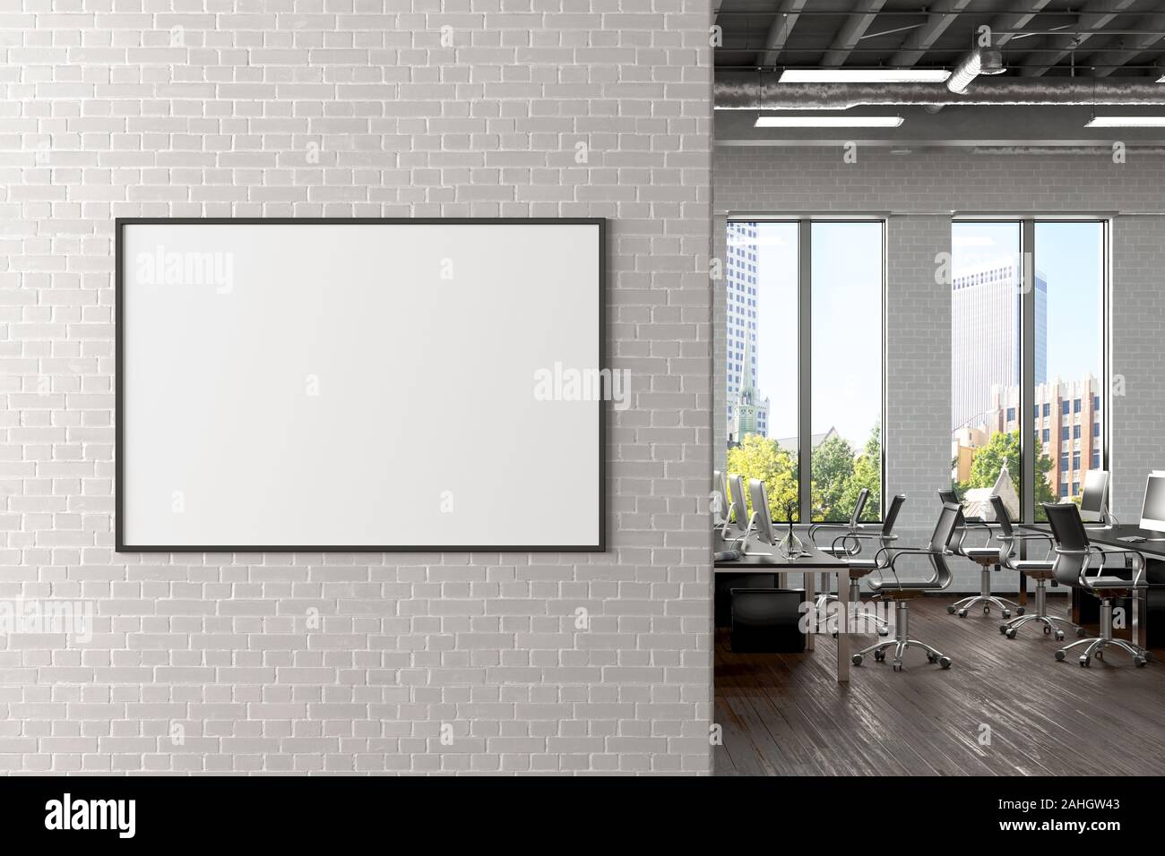 Blank horizontal poster mock up on the white brick wall in office ...
