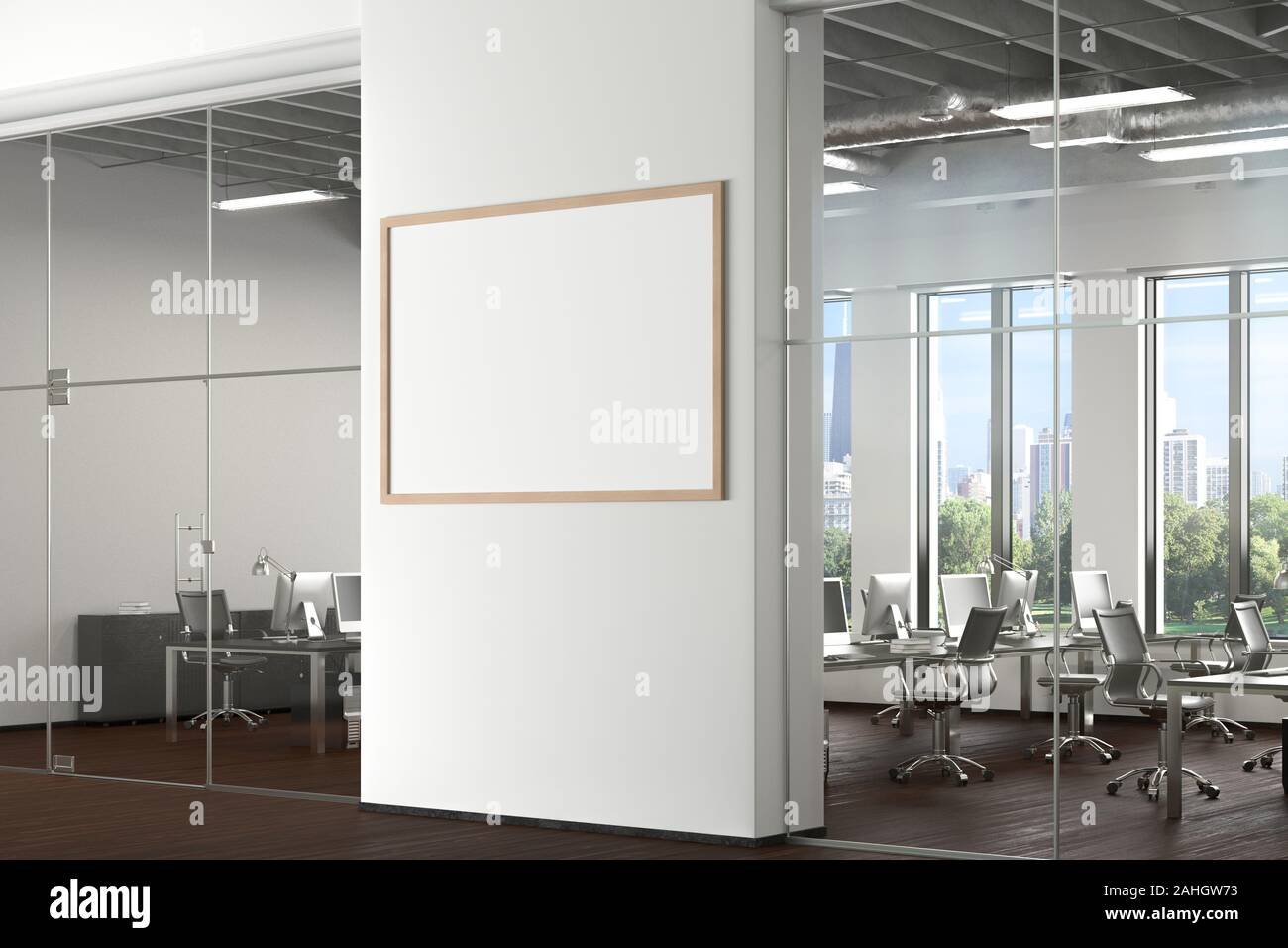 Blank horizontal poster mock up on the white wall in office interior ...