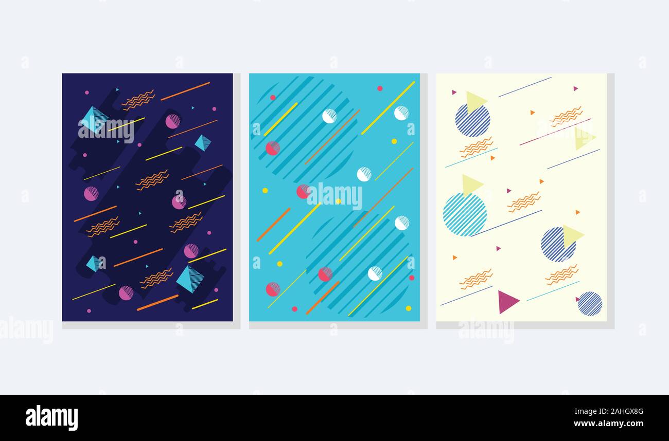Placard templates set with abstract memphis geometric design, colorful ...