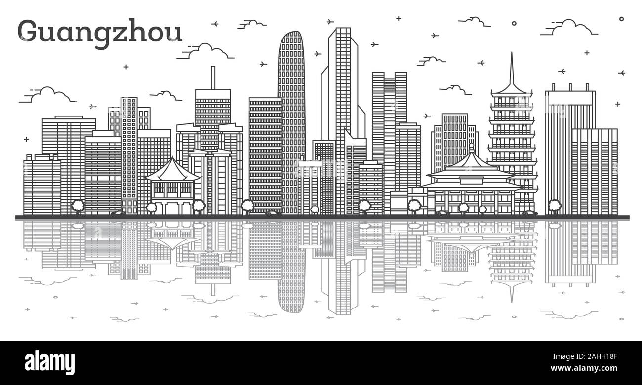 Outline Guangzhou China City Skyline with Modern Buildings and ...