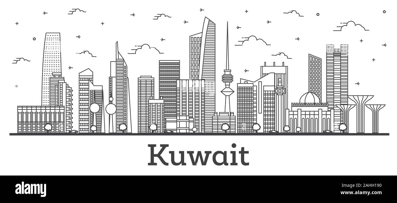 Outline Kuwait City Skyline with Modern Buildings Isolated on White ...