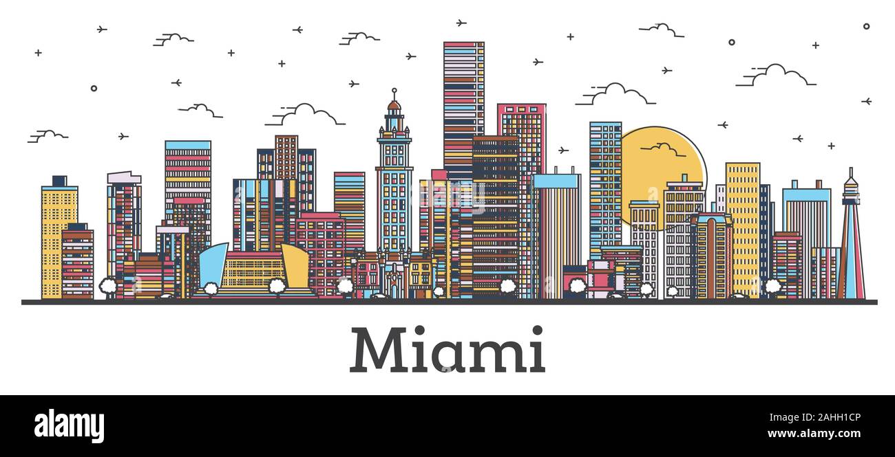 Outline Miami Florida City Skyline with Color Buildings Isolated on ...