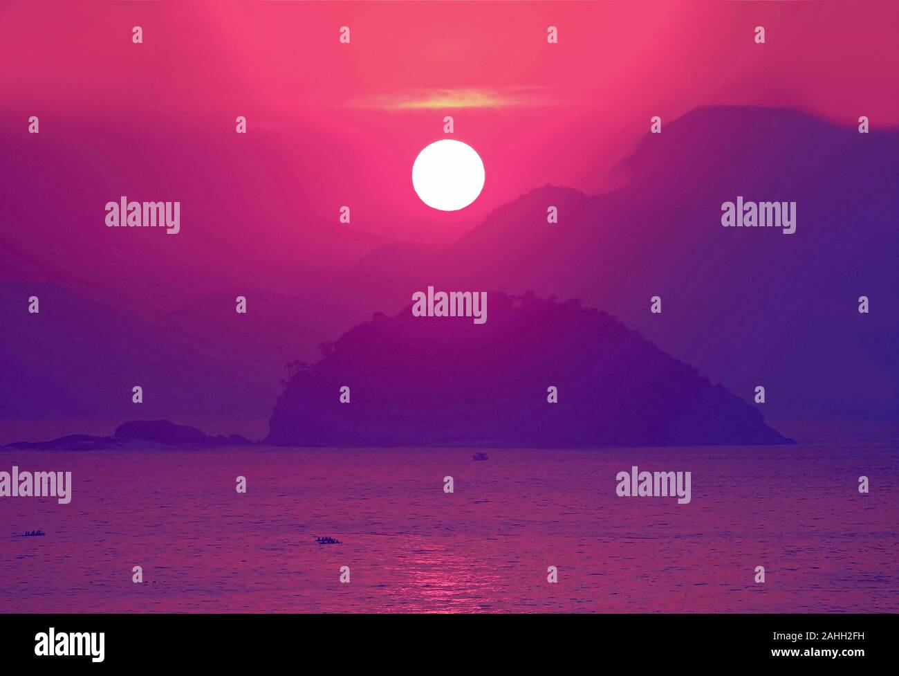 Pop art styled sunrise over the calm sea in purple pink colored Stock ...