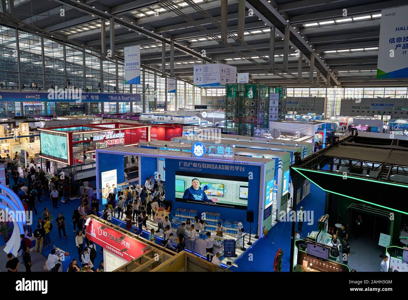 SHENZHEN, CHINA - CIRCA NOVEMBER, 2019: top view of exhibition stands ...