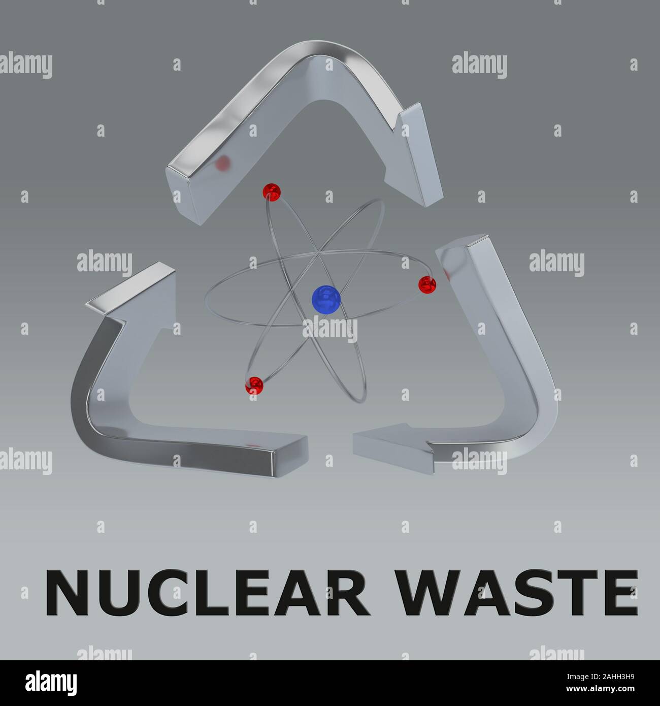 3D illustration of NUCLEAR WASTE title with an atom in a recycling ...