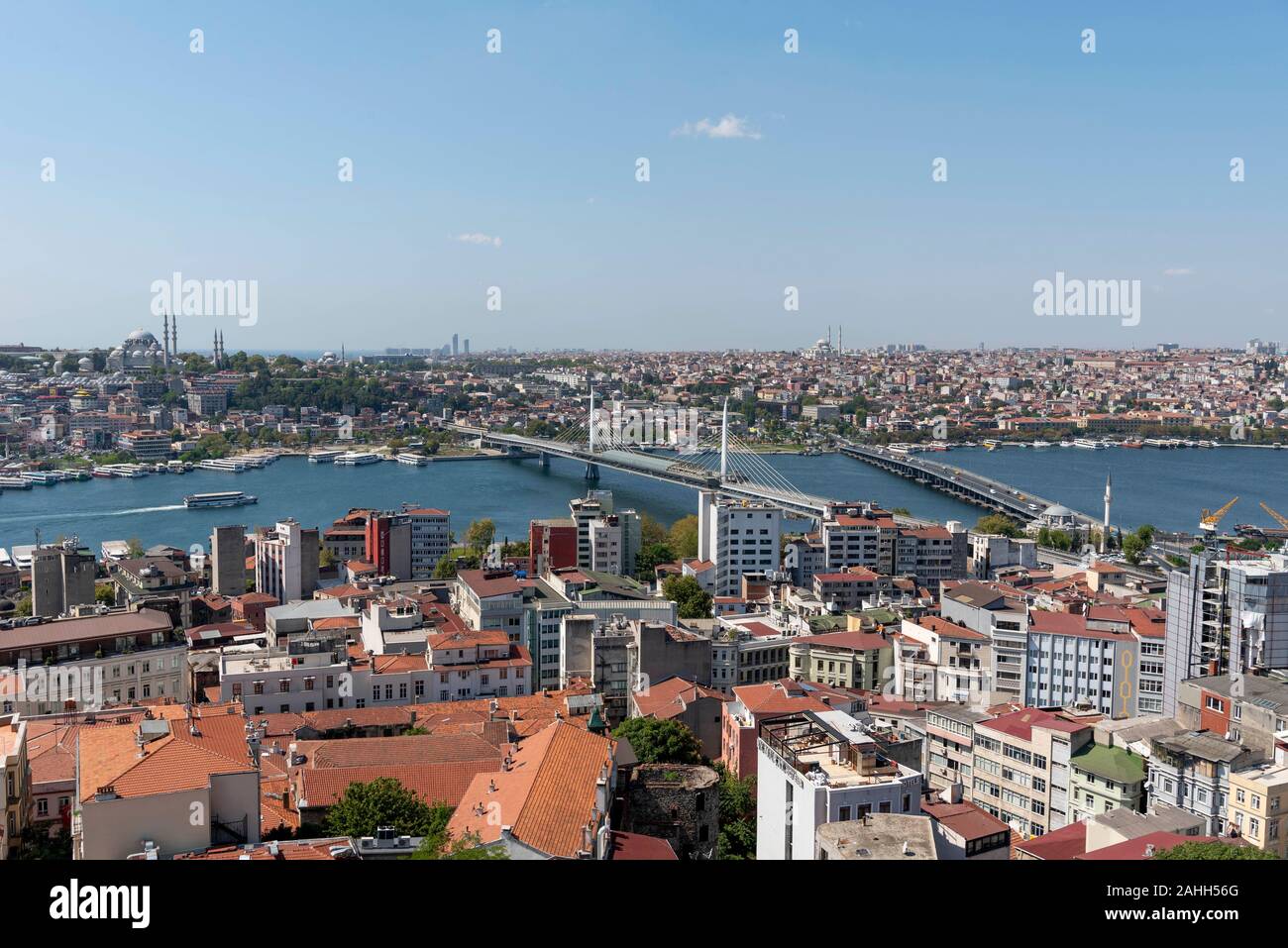 Beyoglu district old houses with Galata tower on top, view from the ...