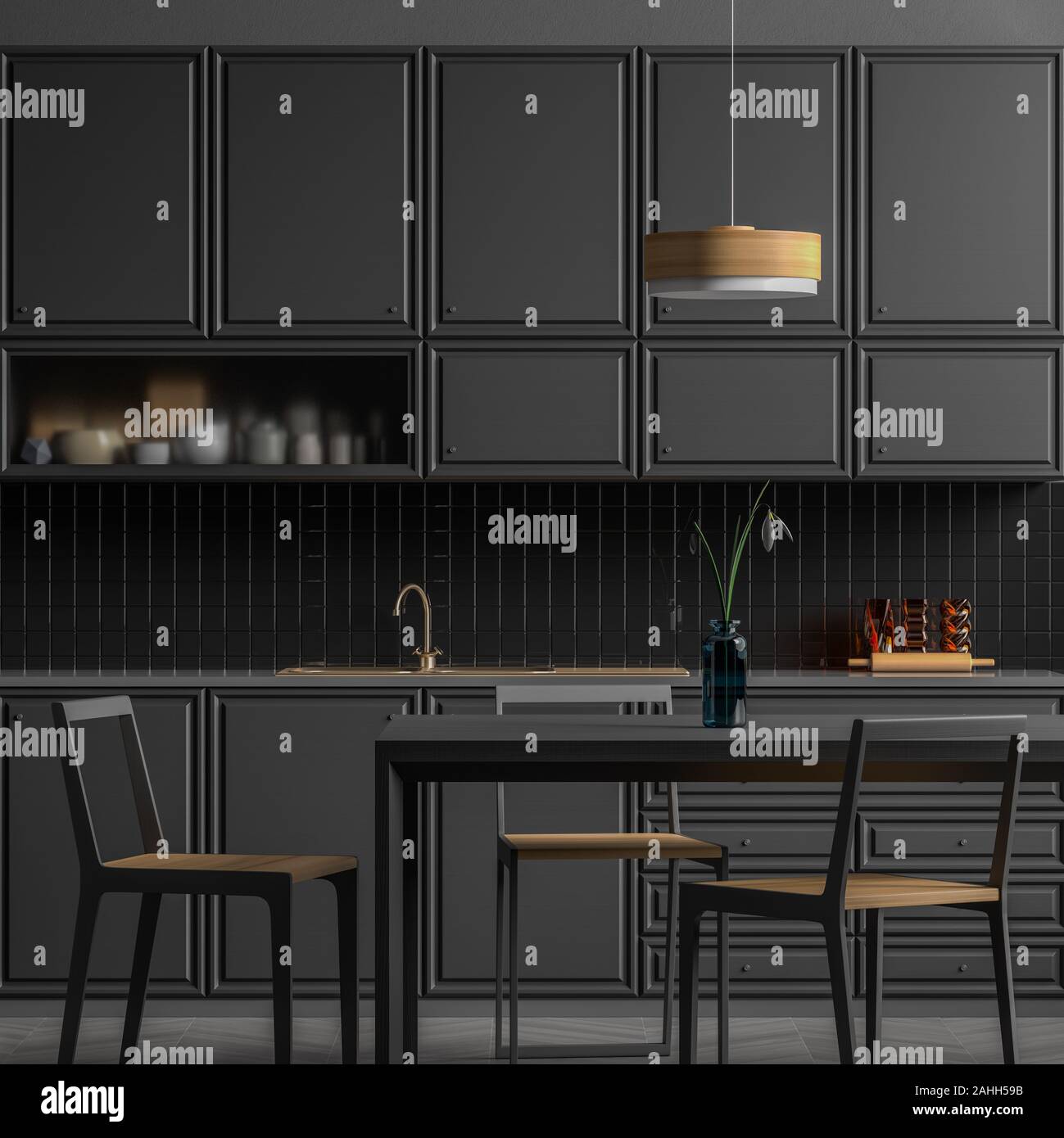 Modern spacious kitchen design with dining table. Minimalist kitchen ...