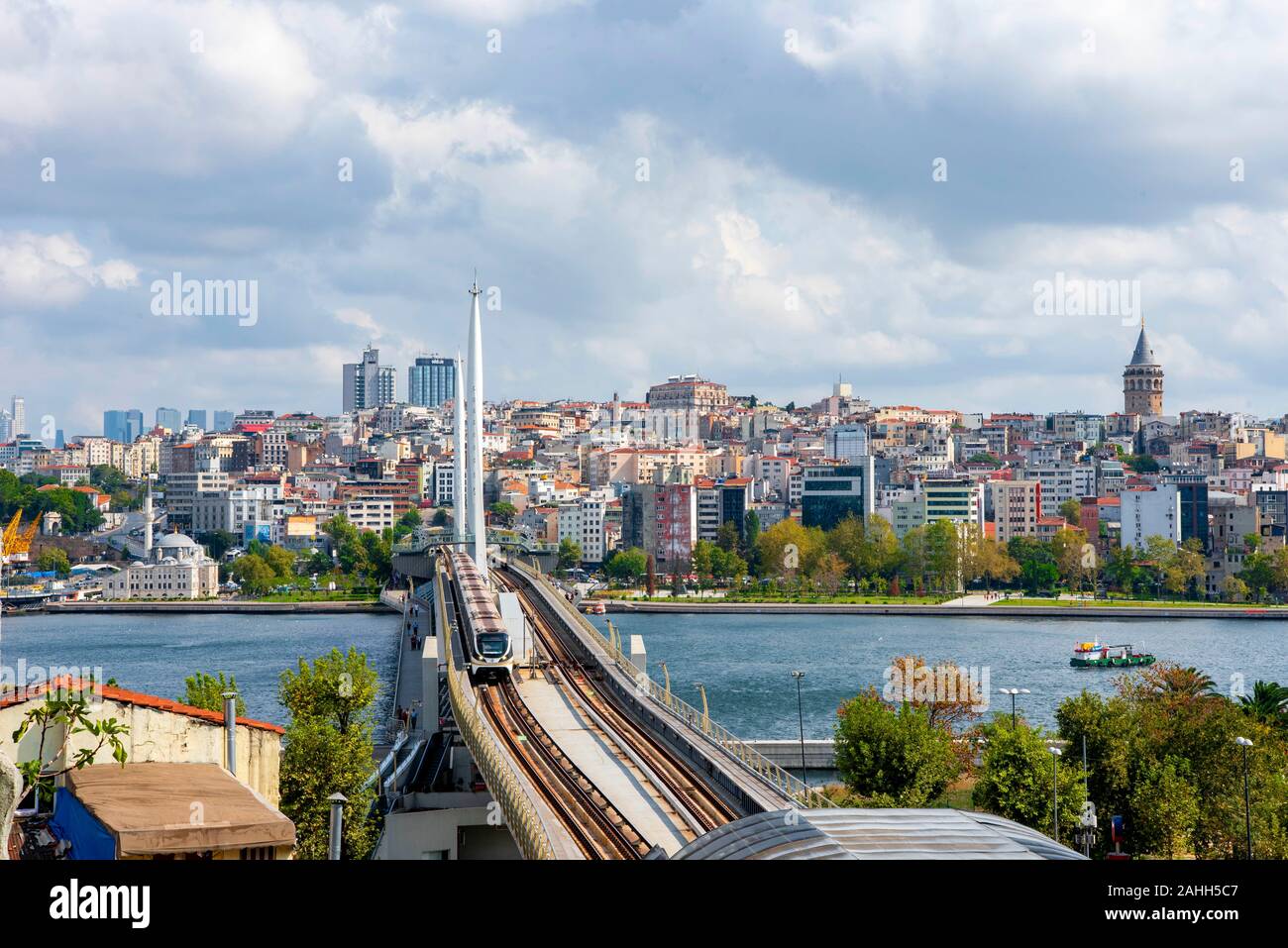 Ariel View of Halic Metro Bridge. The bridge connects the Beyoğlu and ...