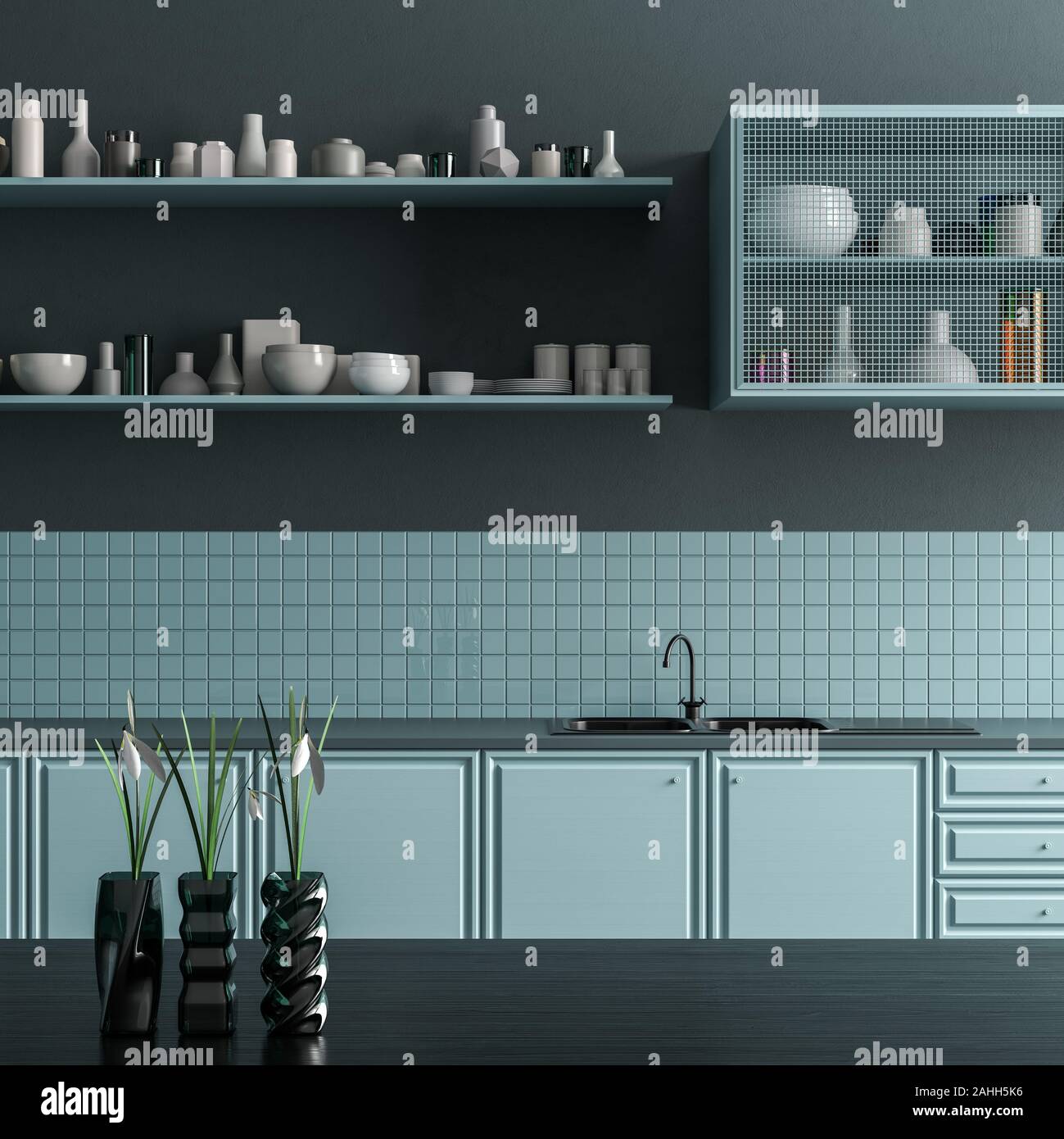 Modern spacious kitchen design. Minimalist kitchen design. 3D ...