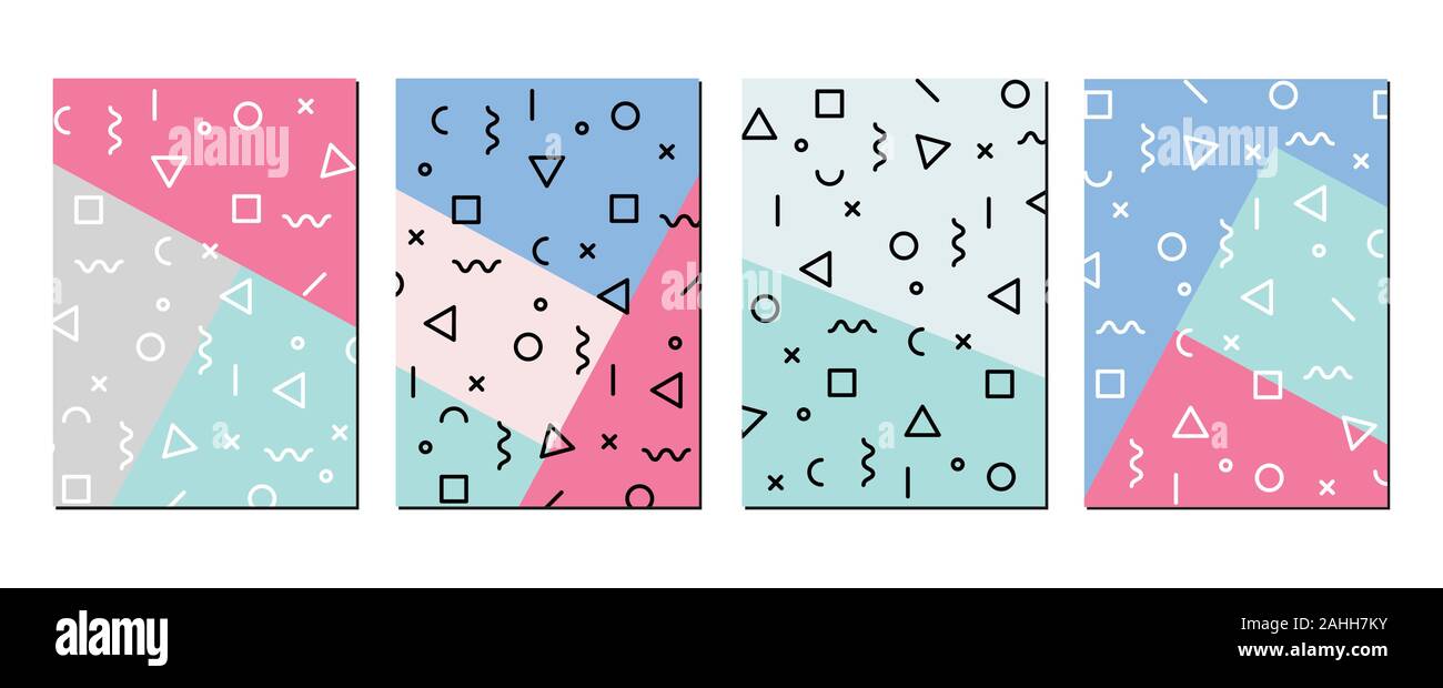 Placard templates set with memphis abstract shapes, geometric style and ...