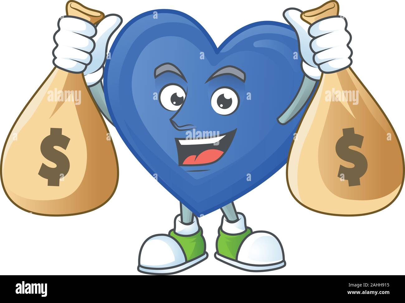 Happy blue love cartoon character with two money bags Stock Vector ...