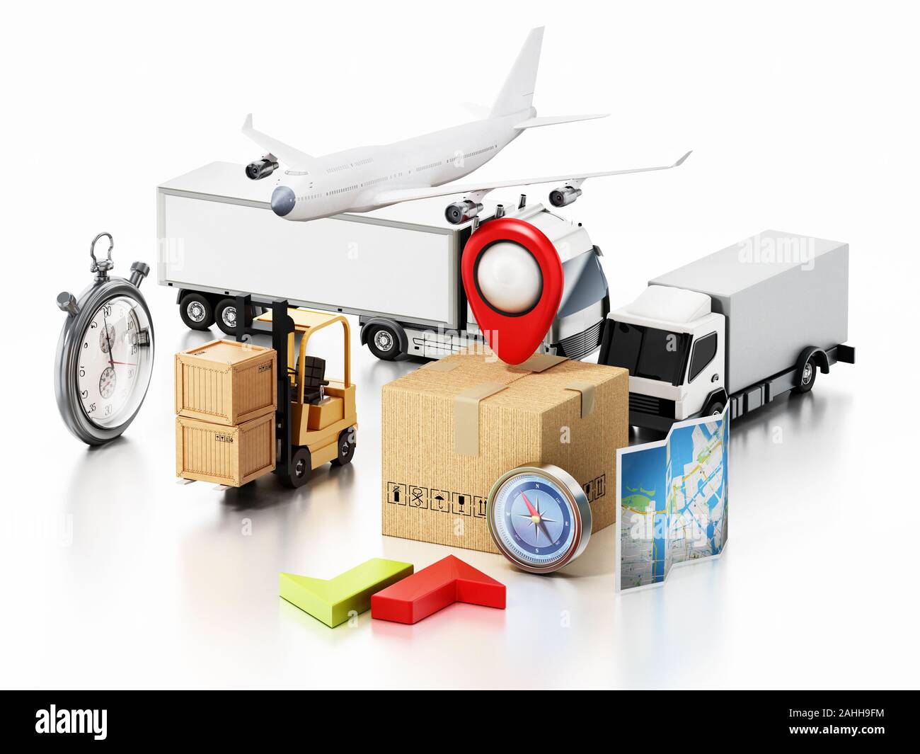 Global transportation concept with vehicles and boxes. 3D illustration ...
