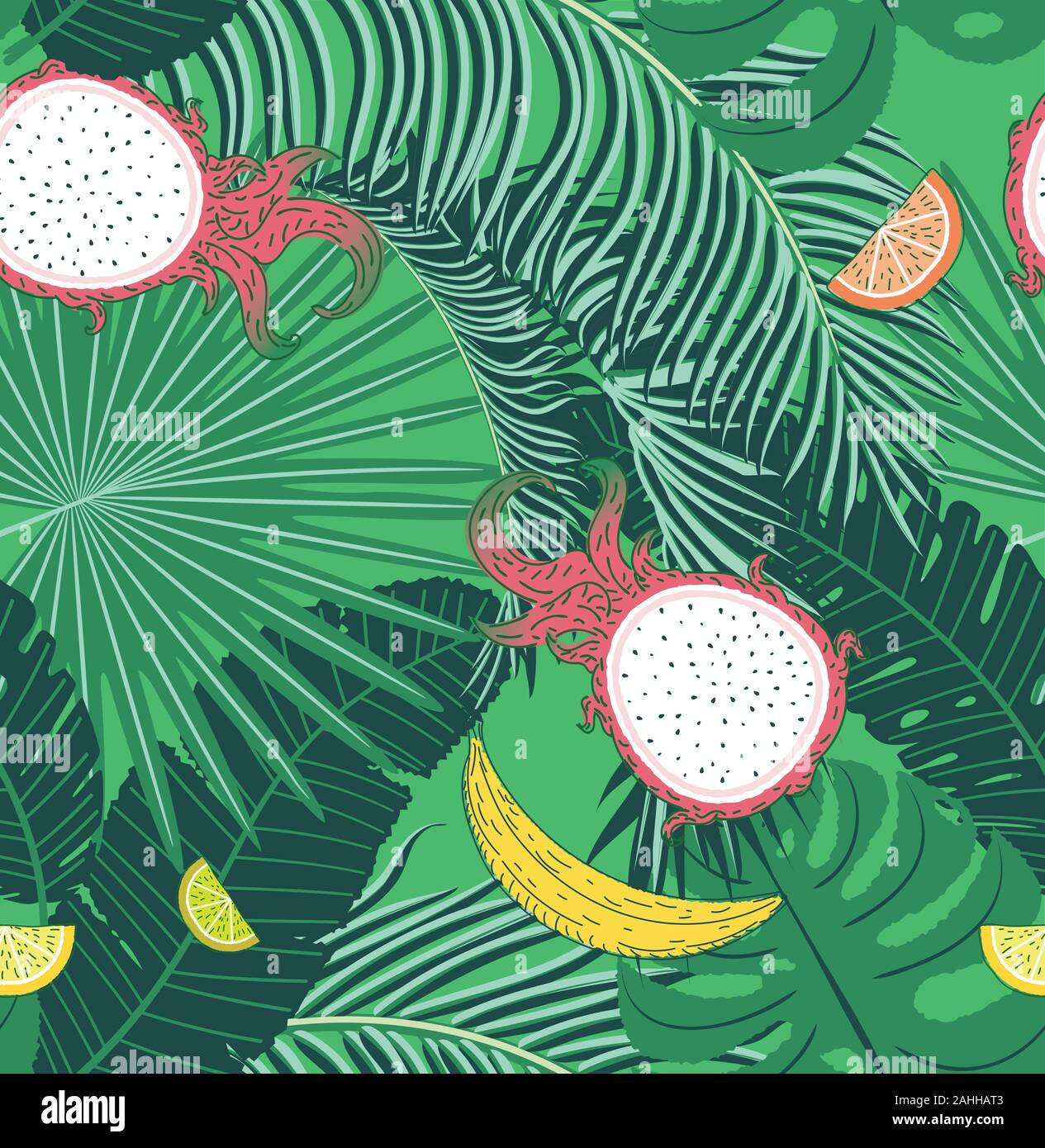 Various tropical leaves and fruits, summer themed pattern design Stock ...