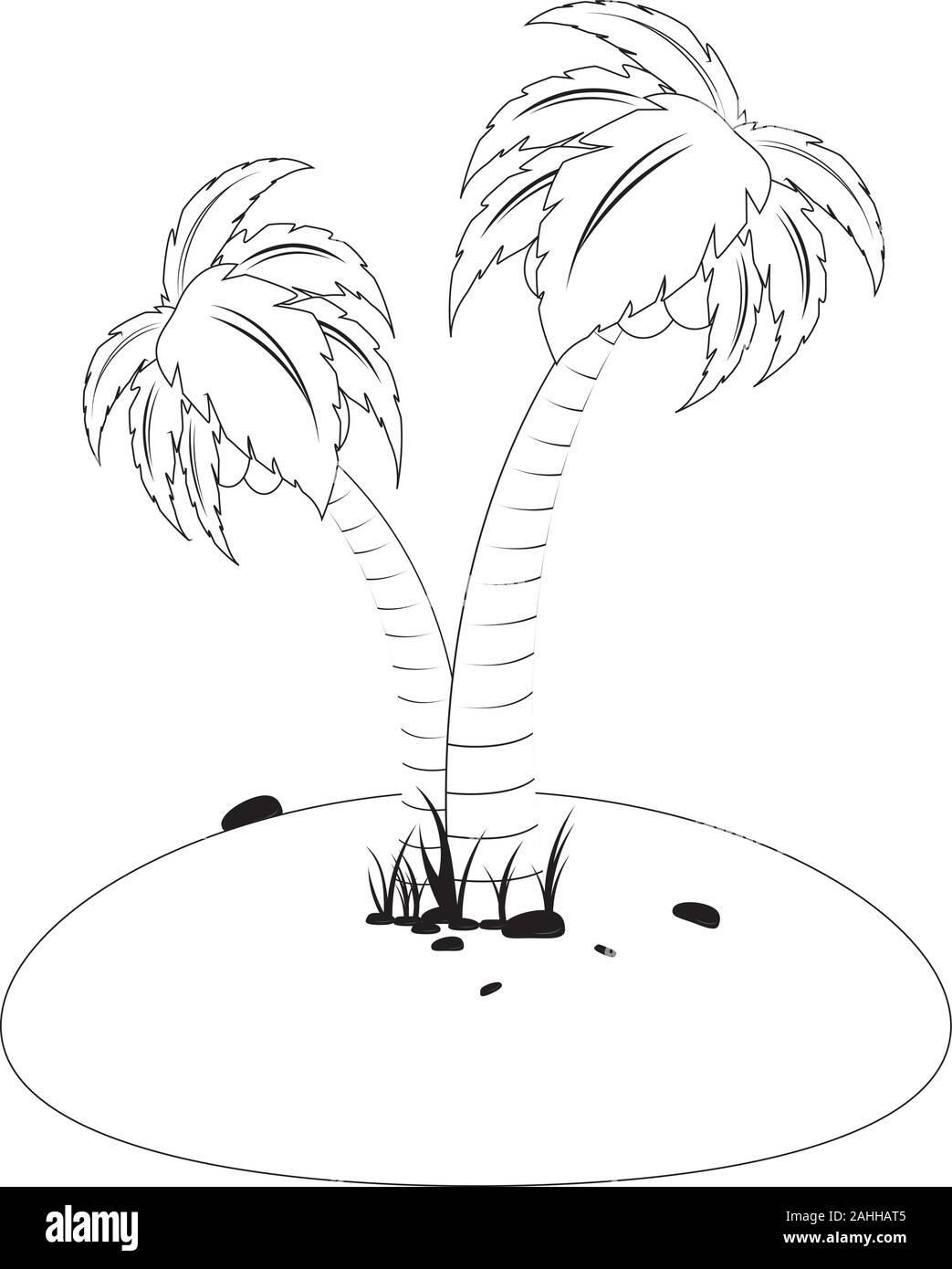Small tropical island with palm trees, black contour on white ...