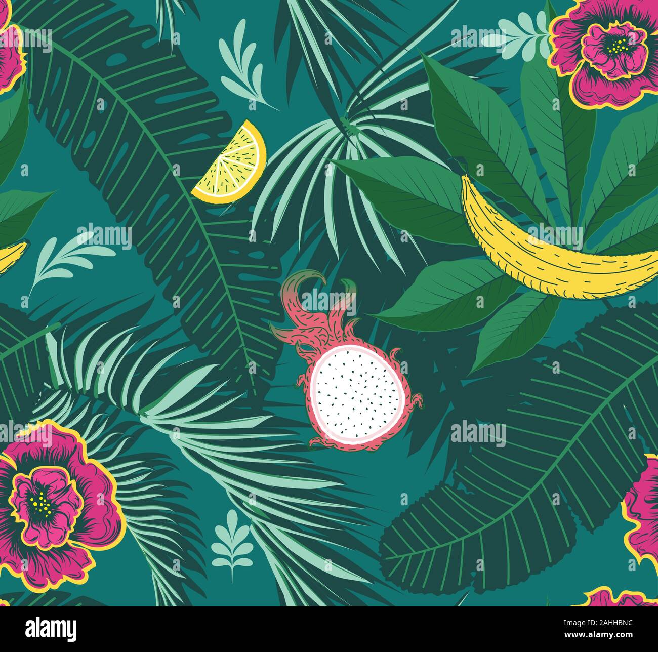 Various tropical leaves and fruits, summer themed pattern design Stock ...