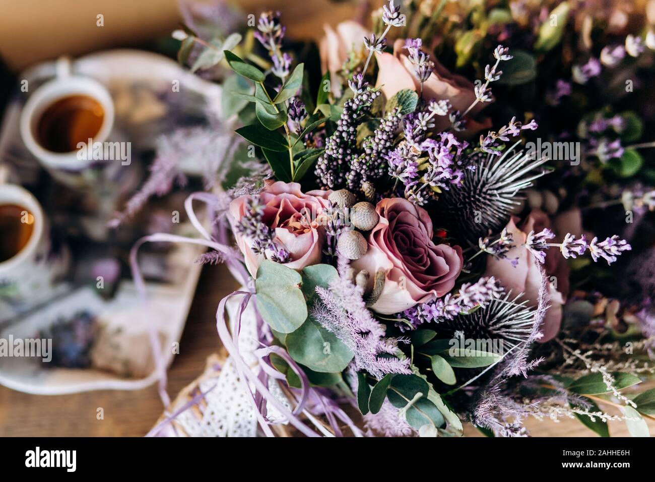 Wedding bouquet decorated with lavender flowers. A solemn event Stock ...